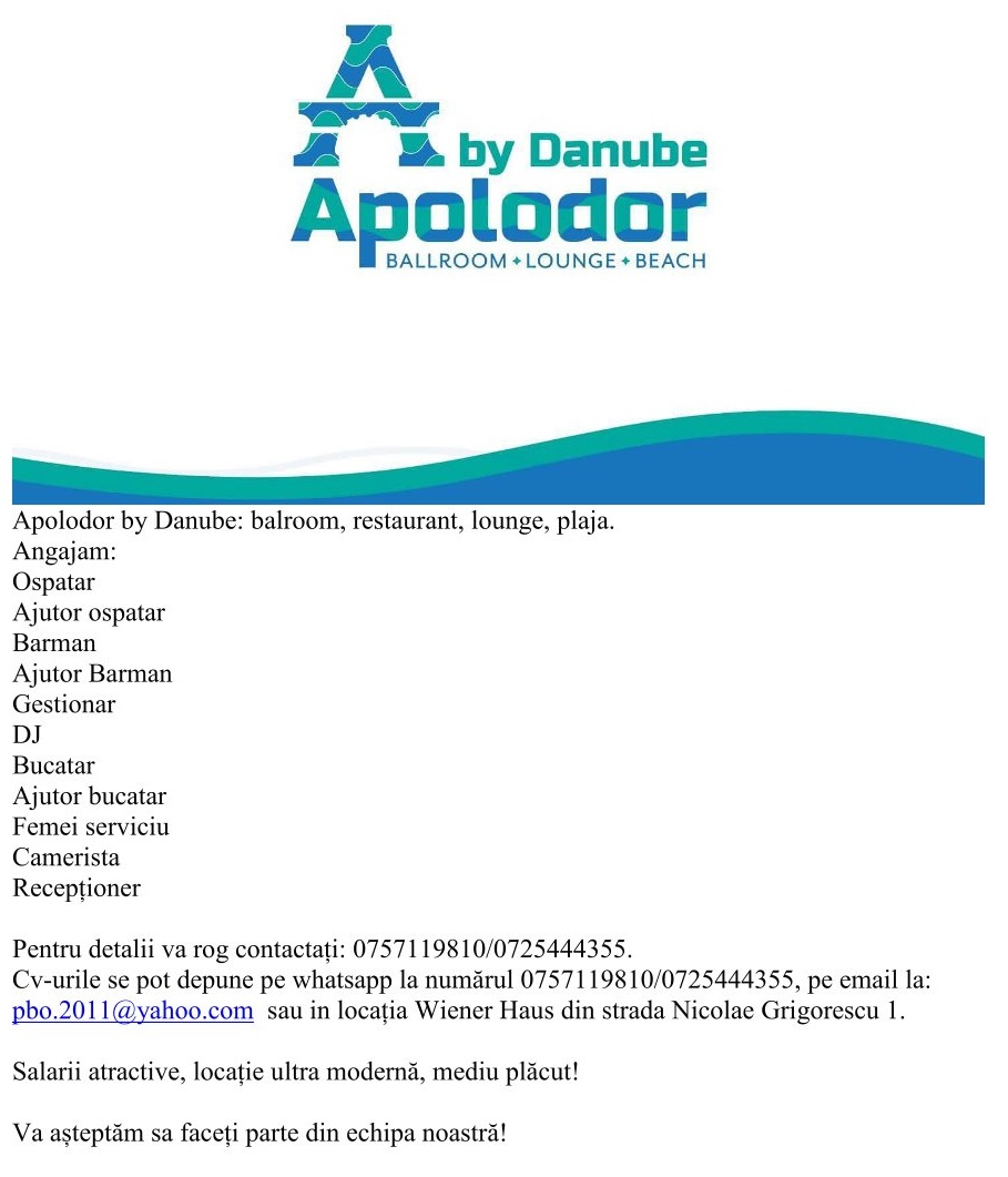 APOLODOR BY DANUBE face angajări! Vino în echipa noastră! – Informatia ...